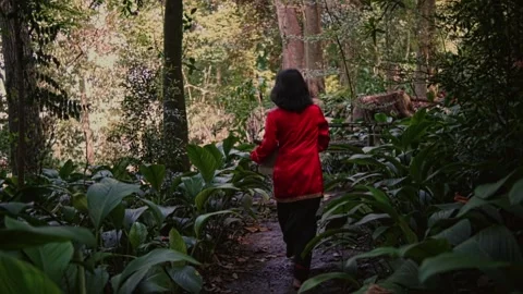 An Asian girl in a red dress walks into ... | Stock Video | Pond5