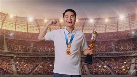 Asian Man And Trophy Flexing His Bicep A... | Stock Video | Pond5