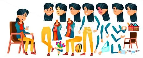 Asian Teen Girl Vector. Animation Creation Set. Face Emotions, Gestures ...