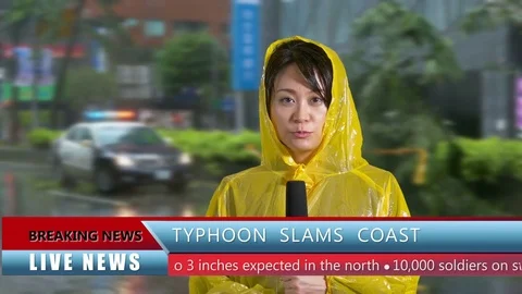 Asian weather reporter in hurricane, rep... | Stock Video | Pond5