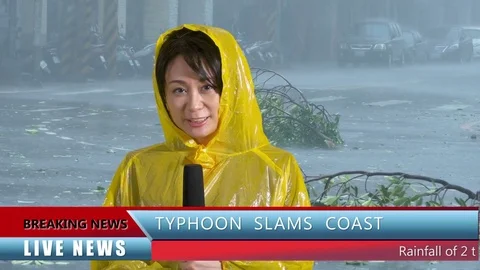 Asian weather reporter in typhoon, repor... | Stock Video | Pond5