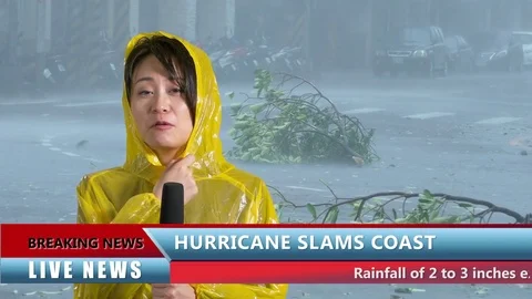 Asian weather reporter in typhoon storm,... | Stock Video | Pond5