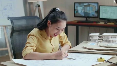 Asian Woman Engineer With A Laptop Drawi... | Stock Video | Pond5