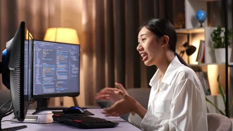Asian Woman Programmer Waving Hand Havin... | Stock Video | Pond5