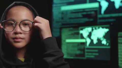 Asian Young Girl Hacker Takes Off Her Ho... | Stock Video | Pond5