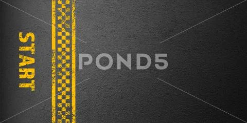 Asphalt road with yellow start line marking, concrete highway surface ...
