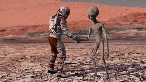 Astronaut meets a Martian alien on Mars ... | Stock Video | Pond5