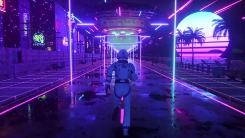 Astronaut running in neon city in cyberp... | Stock Video | Pond5
