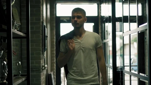 Attractive model man in hair saloon. Mal... | Stock Video | Pond5