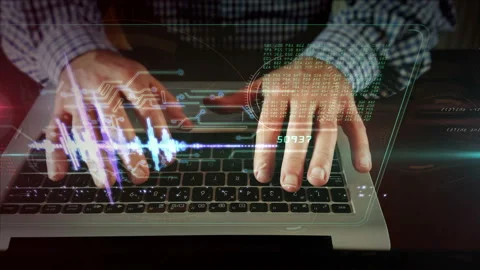 Audio spectrum neon sign with man typing... | Stock Video | Pond5