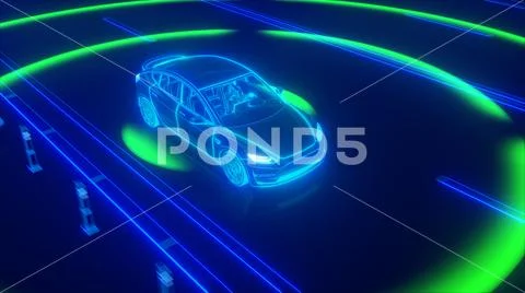 Autonomous self driving electric car rides on the road 3d rendering ...