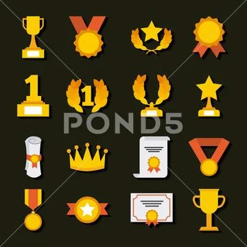 Awards trophy medals and winning ribbon success icons symbols: Graphic ...