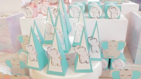 Baby elephant themed candy table decorat... | Stock Video | Pond5