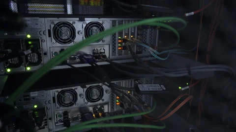 Back panel of powerful servers installed... | Stock Video | Pond5