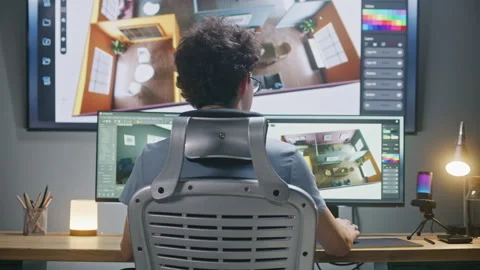 Back view of 3D designer creating modern... | Stock Video | Pond5