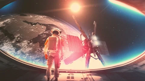 Back view of astronaut looks to the plan... | Stock Video | Pond5