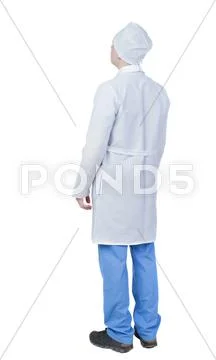 Photograph: Back view of doctor in robe. Standing young guy #66453557