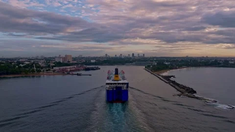 Back view of ferry boat entering in port... | Stock Video | Pond5