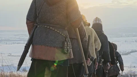 Back view of a group of medieval vikings... | Stock Video | Pond5