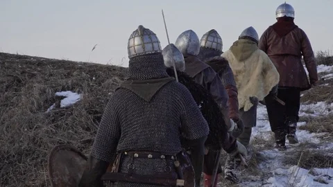 Back view of a group of medieval vikings... | Stock Video | Pond5