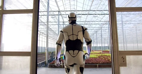 Back view of humanoid robot going into m... | Stock Video | Pond5