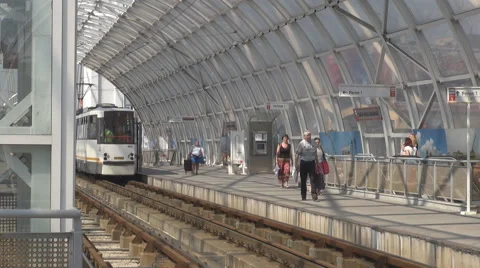 Back view old tram leaving station, comm... | Stock Video | Pond5