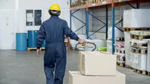 Back view of senior worker pulling troll... | Stock Video | Pond5