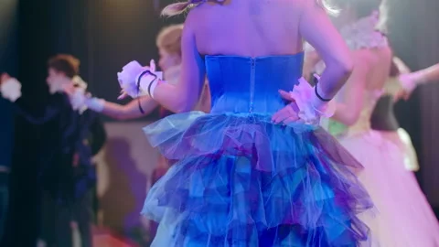 Back view slim Caucasian actress in blue... | Stock Video | Pond5