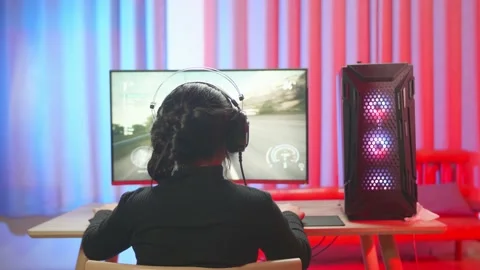 Back View Of Young Gamer Girl Playing Ca... | Stock Video | Pond5