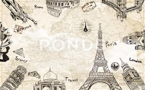 Background with a world map, outlines of world sights and names of ...