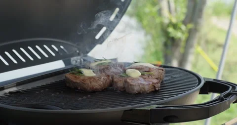 Backyard BBQ. Beef meat steak with rosem... | Stock Video | Pond5