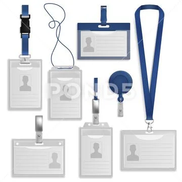 Badge ID. Realistic identification cards with holders and neck lanyards ...