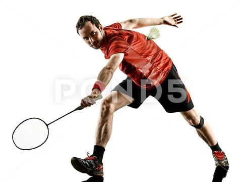 Badminton player man shadow silhouette isolated white backgroun Stock ...