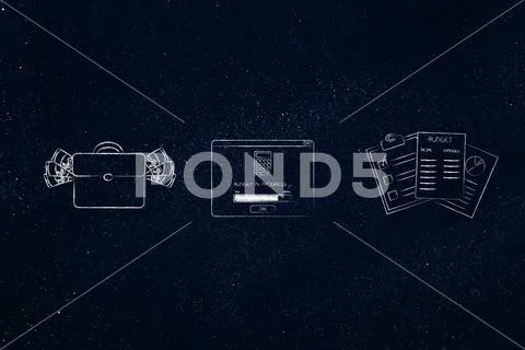 Bag of cash next to budgeting in progress pop-up window and stats ...