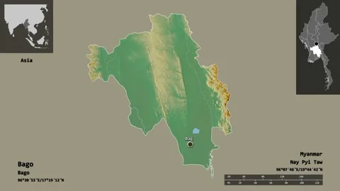 Bago location. Myanmar. Relief map | Stock Video | Pond5