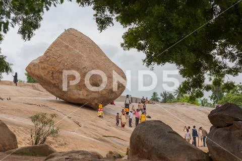 Photograph: Balancing big rock boulder named "Krishnas Butter Ball" in ...