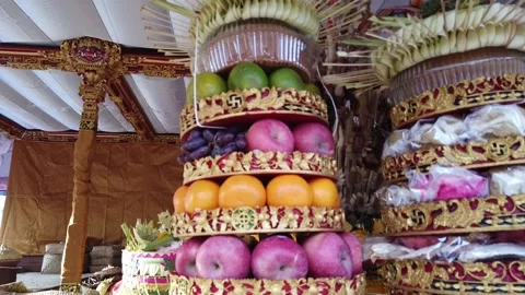 Balinese fruit offerings in pyramid bask... | Stock Video | Pond5