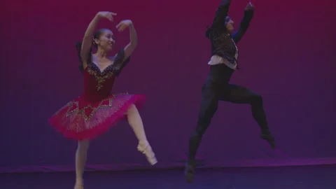 Ballet Dancers Jump In Sync On Stage | Stock Video | Pond5