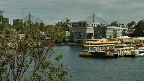 Balmain ferry wharf with Anzac bridge in... | Stock Video | Pond5