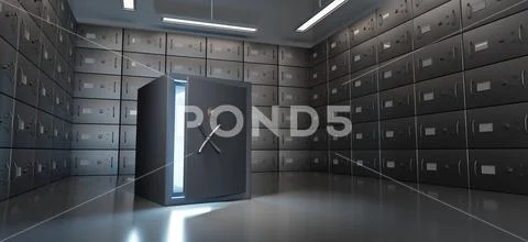 Bank deposit lockers with closed steel doors and black open safe box ...