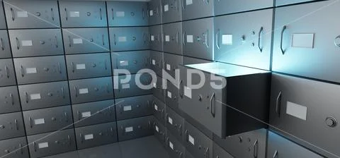 Bank deposit safe boxes, one open locker with blue light inside, angle ...