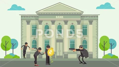 Bank robbery by thieves, crime committed by armed criminals, robbers ...