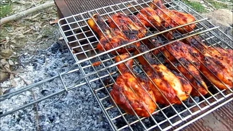 barbecue and chicken bud skewers, making... | Stock Video | Pond5