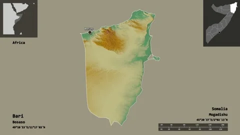 Bari location. Somalia. Relief map | Stock Video | Pond5