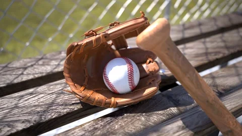 Baseball mitt with ball and bat at a woo... | Stock Video | Pond5