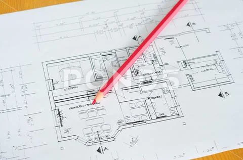 Photograph: Bauplan Bauplan mit Rotstift waehrend der Bauphase ...