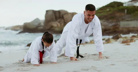 Beach, karate exercise or child learning... | Stock Video | Pond5