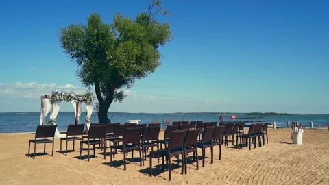 Beach with a lone tree. Wedding arch and... | Stock Video | Pond5