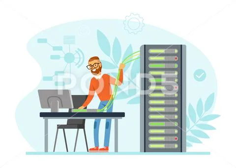 Bearded Man Sysadmin Working with Server Rack Cabinet and Computer Vector Illustration #194407492