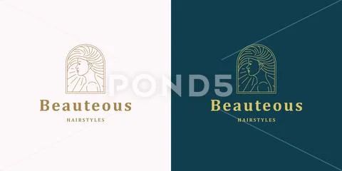 Beautiful female line profile face with hairs vector logo emblem design ...